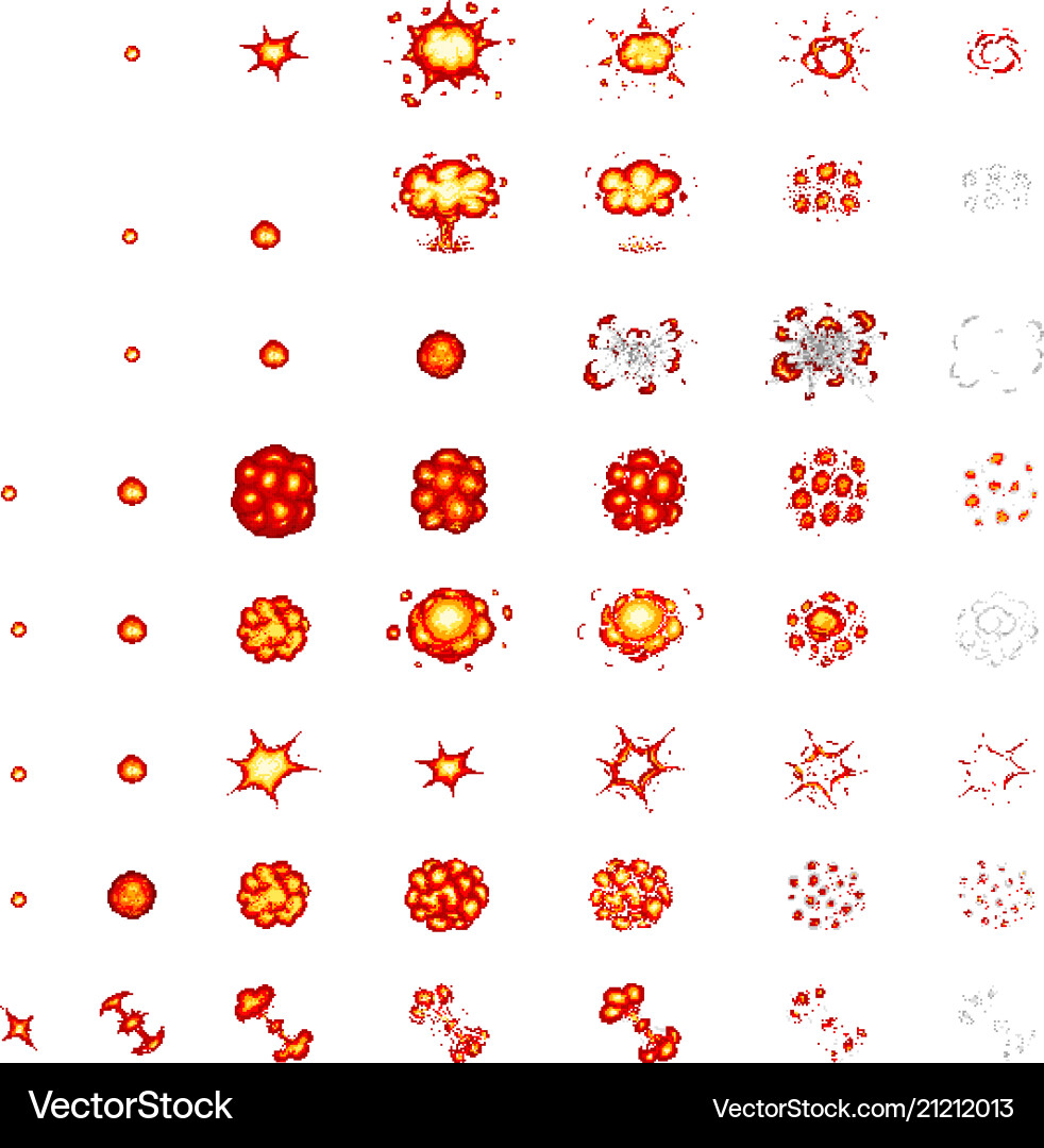 Pixel art explosions game icons set comic boom Vector Image