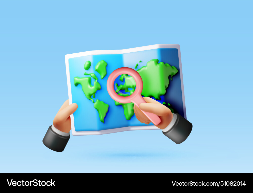 3d location folded paper map with magnifying glass