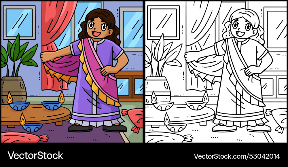 Diwali child putting saree coloring Royalty Free Vector