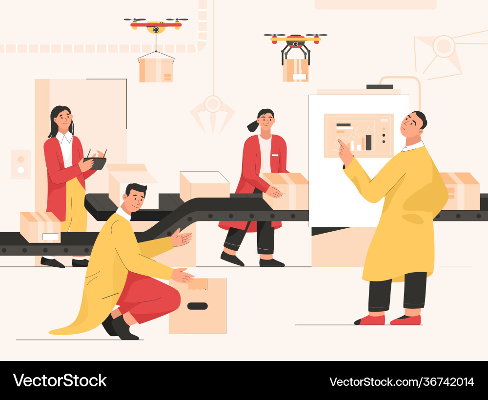 People at smart factory with conveyor workers Vector Image