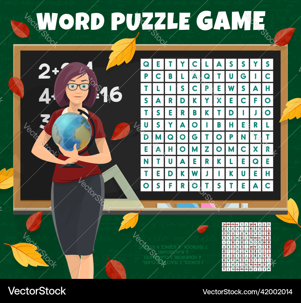 School teacher with globe on word search quiz Vector Image