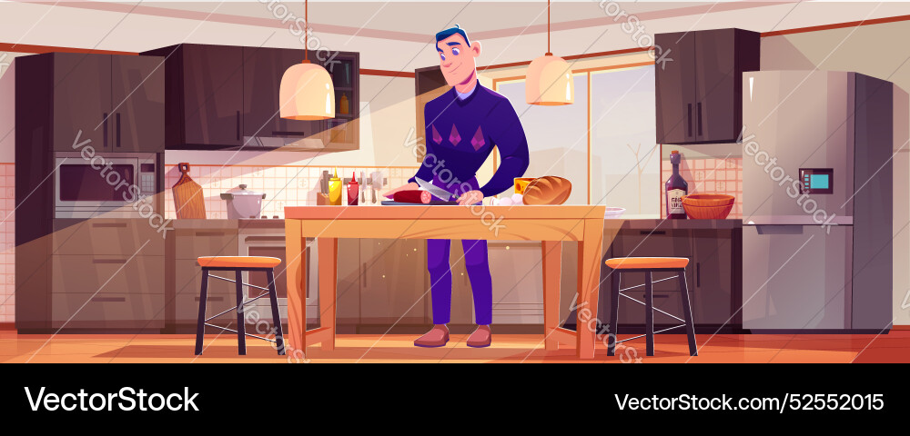 Man cooking in modern home kitchen room Royalty Free Vector