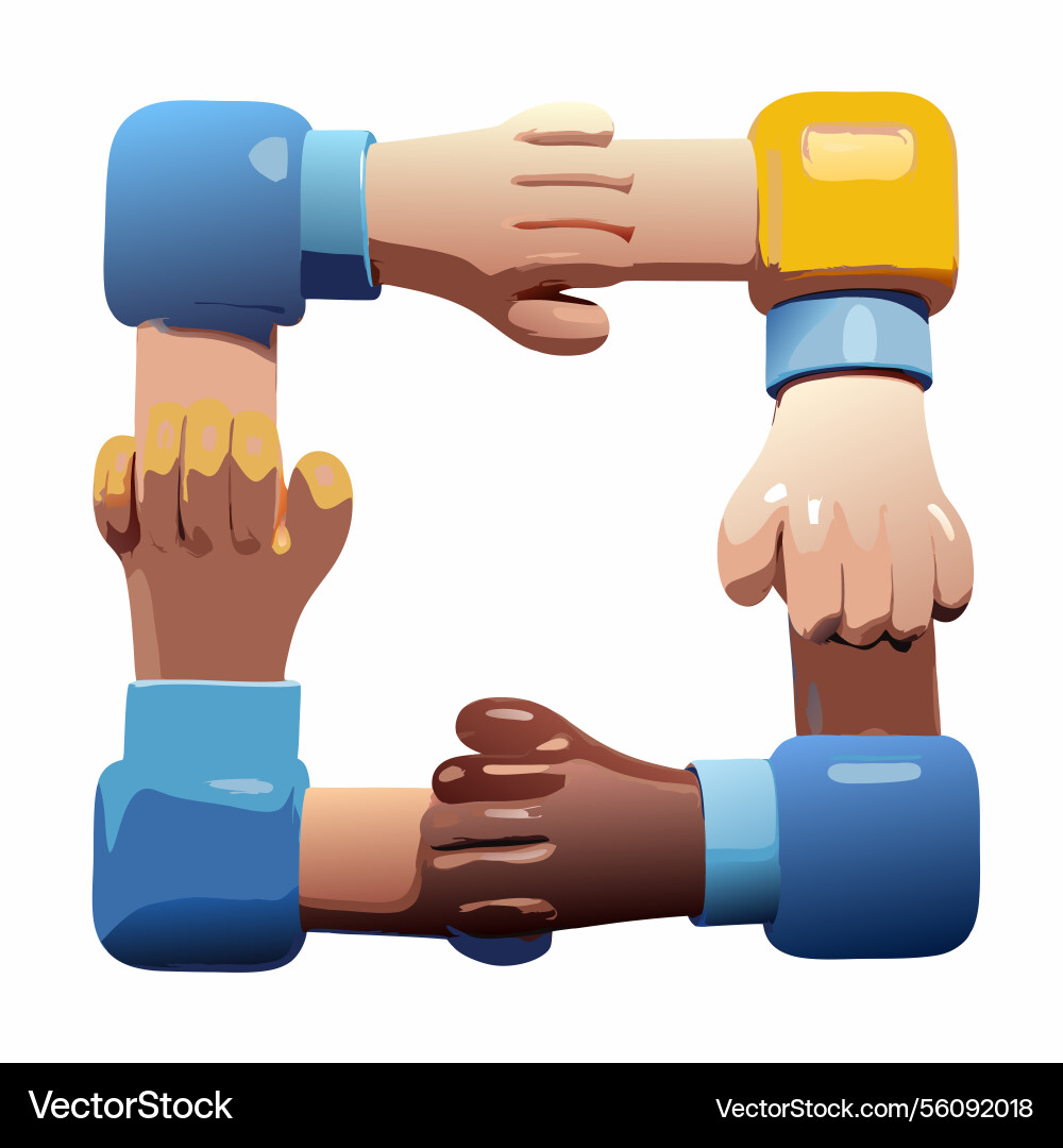 Four diverse hands joined together in unity and Vector Image