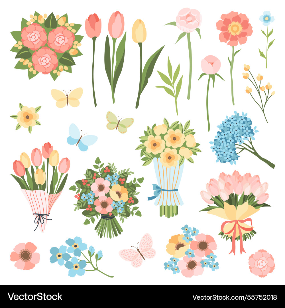 Spring flower bouquets and butterflies collection Vector Image