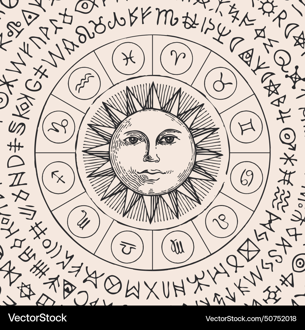 Zodiac signs with sun and magic runes Royalty Free Vector