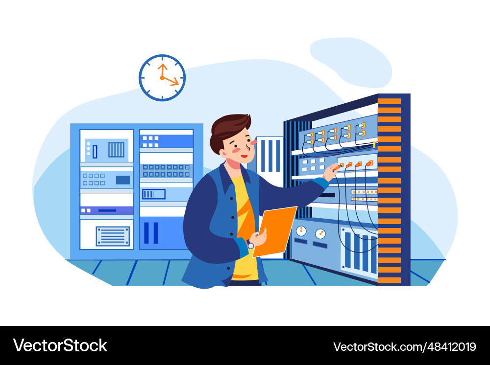Engineer man verifying the optical fiber Vector Image