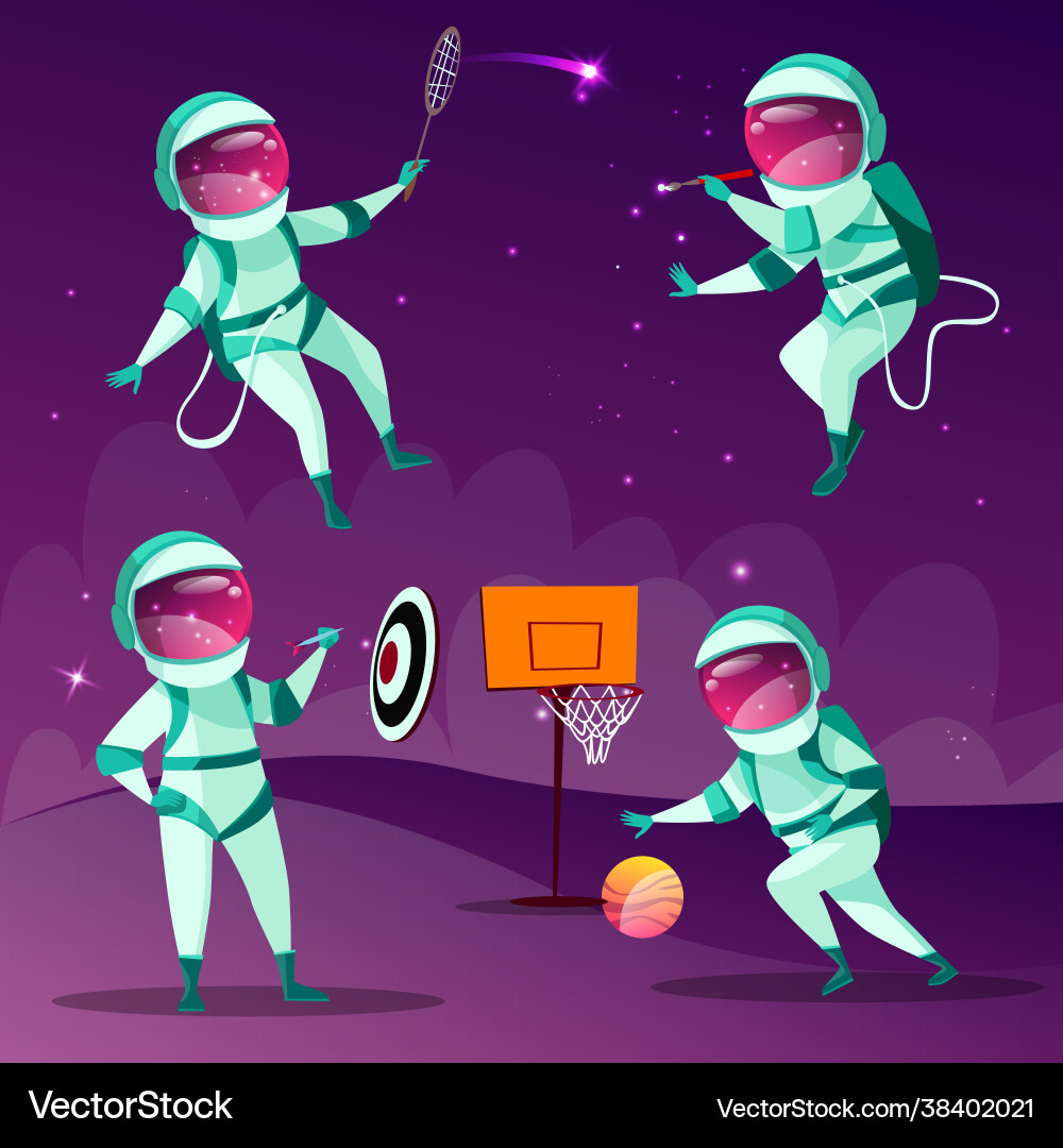 Cartoon spacemen playing games in cosmos Vector Image