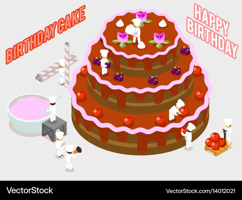 Isometric people decorate a birthday cake Vector Image