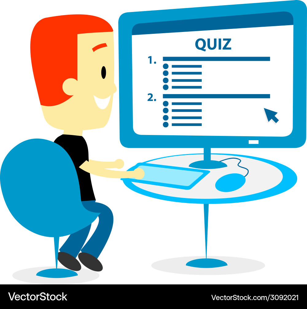 Man taking a quiz on computer screen Royalty Free Vector