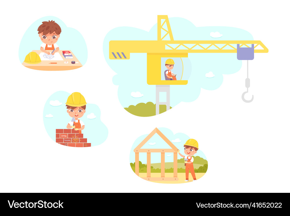 Builders kids work on building construction set Vector Image