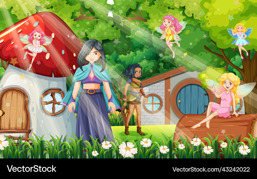 Enchanted scene with medieval cartoon characters Vector Image
