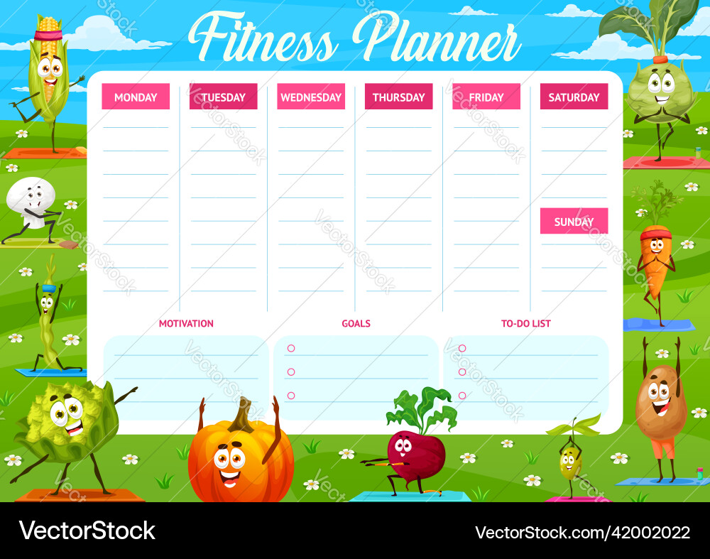 Weekly fitness planner schedule cartoon vegetable Vector Image
