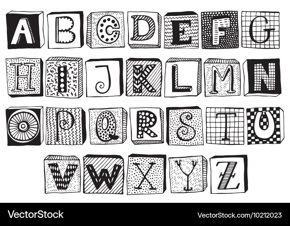 Hand drawn fancy alphabet on blocks Royalty Free Vector