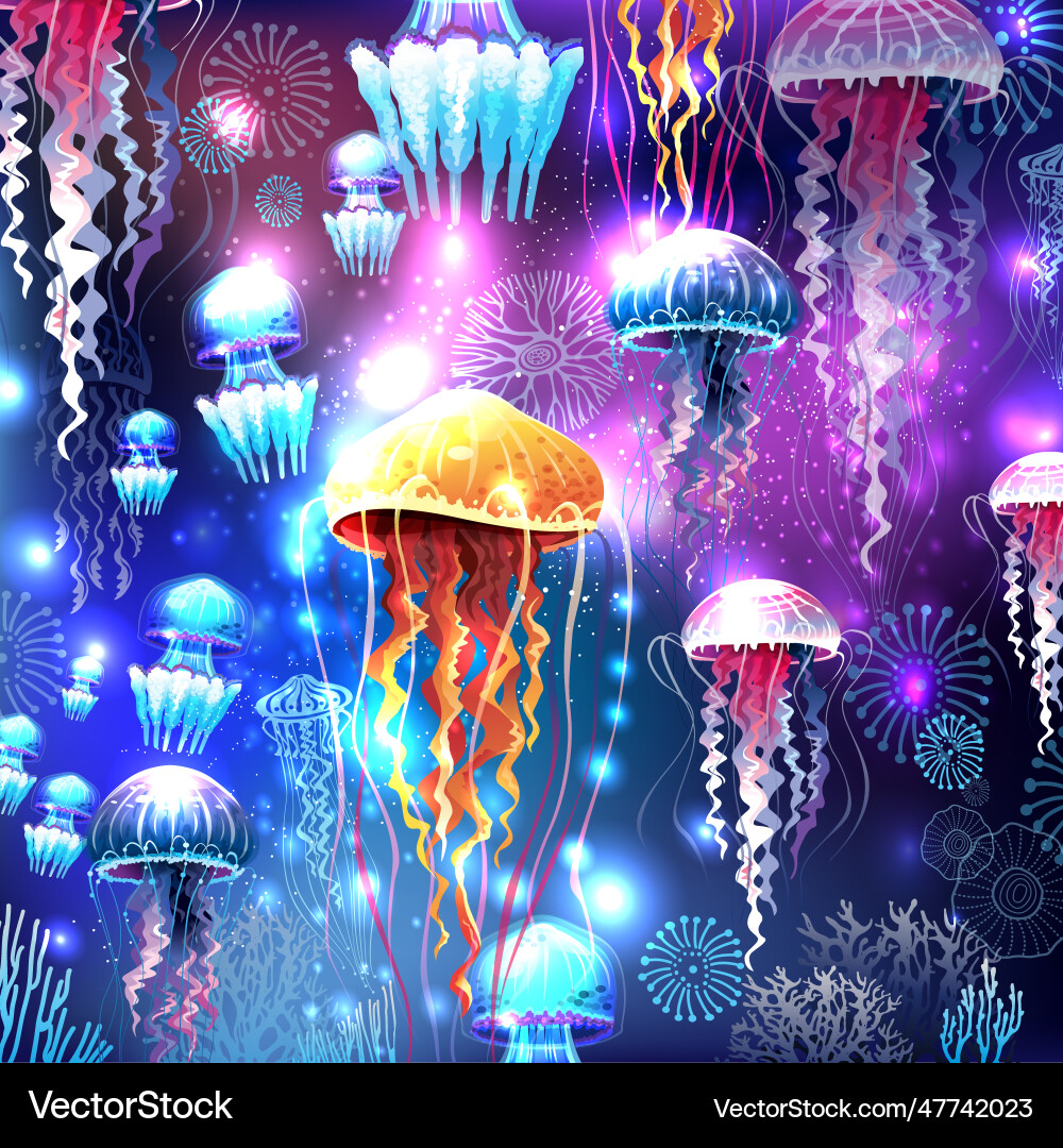Neon Jellyfish Underwater Glow Royalty Free Vector Image
