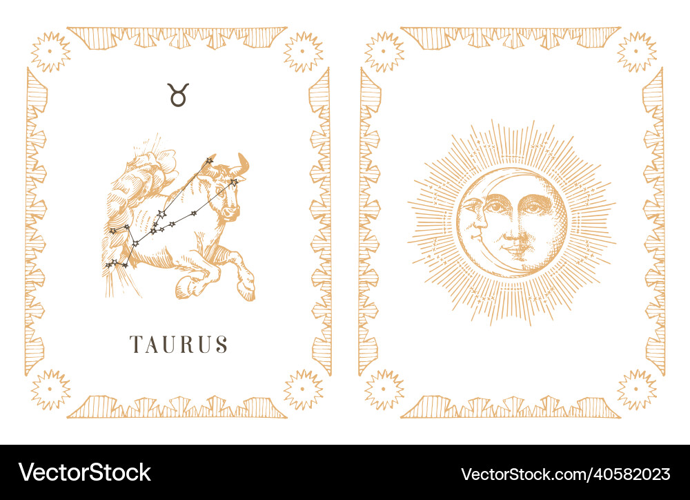 Taurus zodiac symbol and constellation old card Vector Image