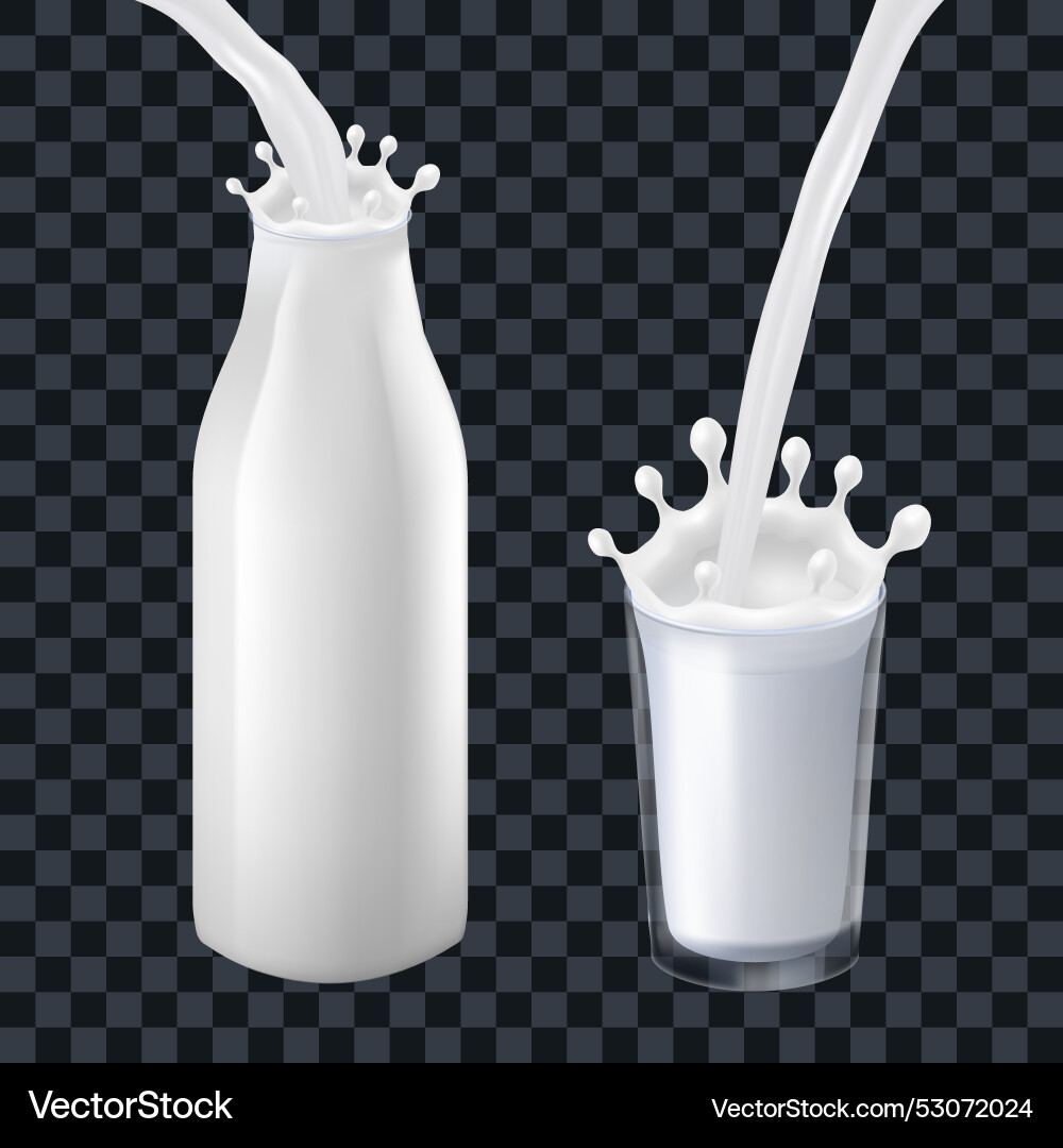 3d transparent clear milk bottle and glass Vector Image