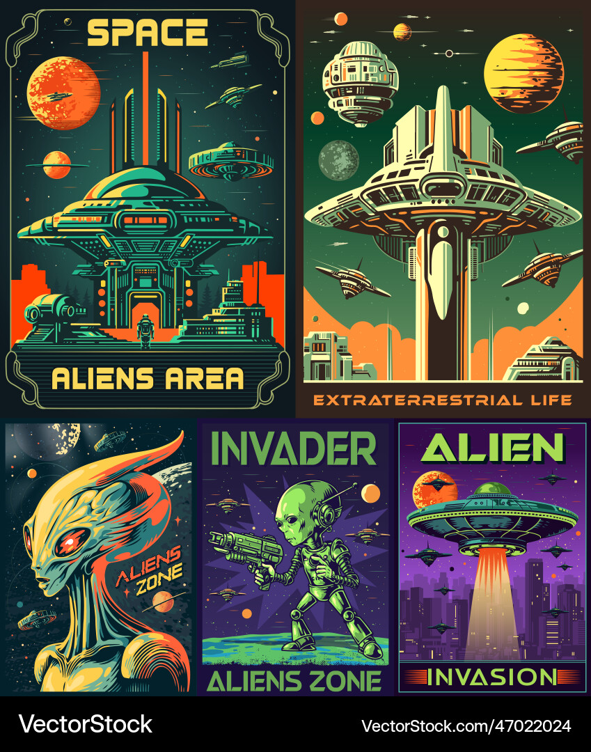 Aliens area colorful set posters Royalty Free Vector Image