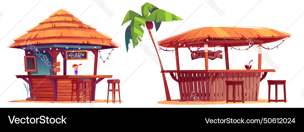 Beach bar shacks with cocktail drinks on counter Vector Image