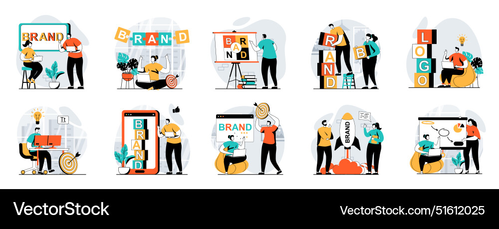 Branding team web concept with people scenes mega Vector Image