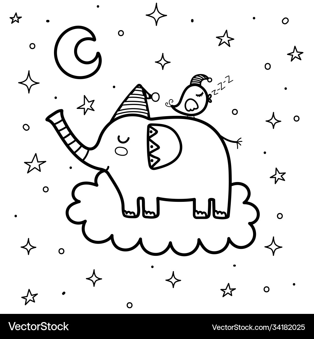 Cute sleeping elephant with a bird on cloud Vector Image