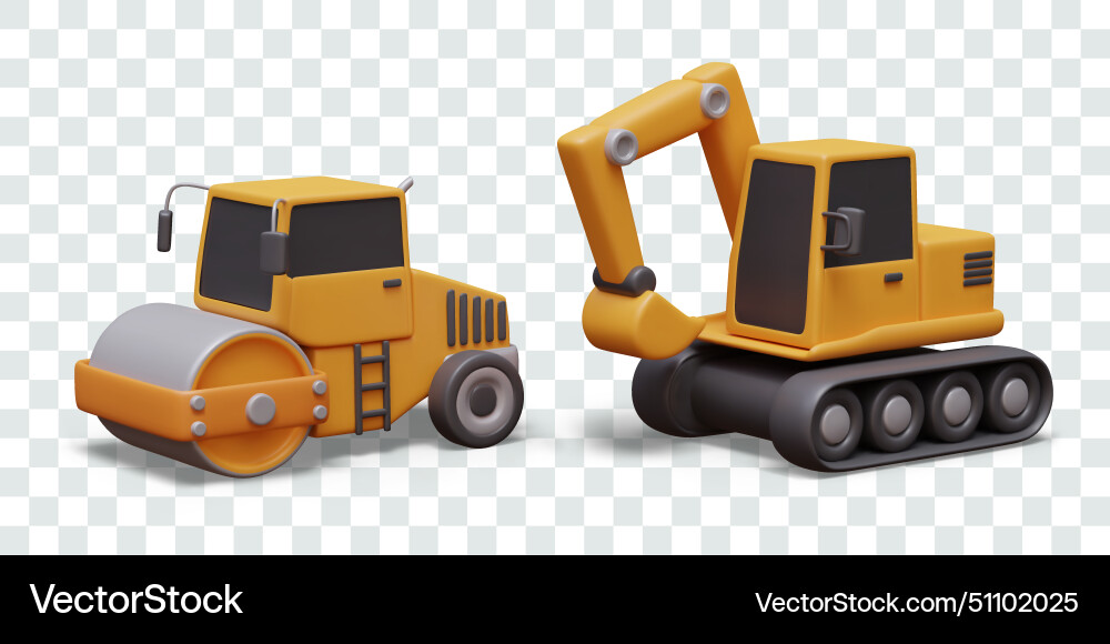 Realistic excavator and road roller detailed Vector Image