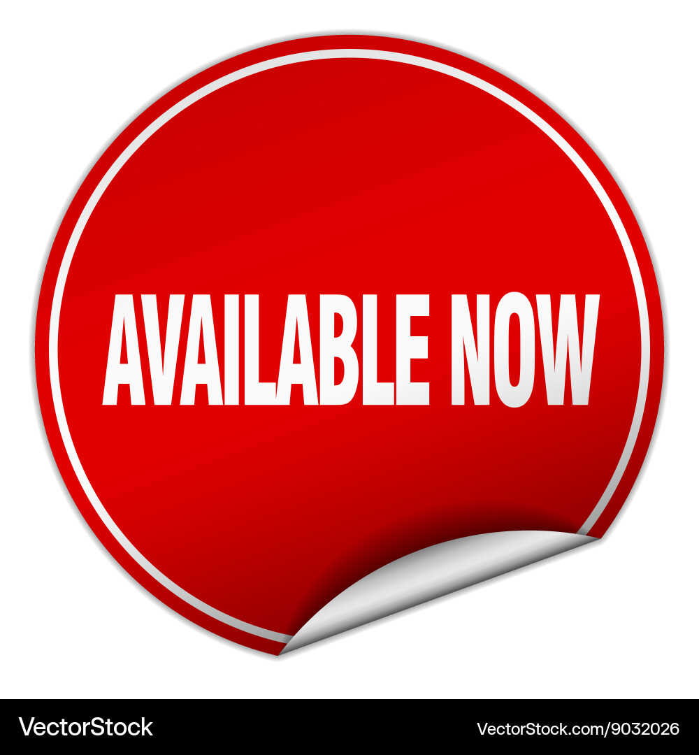 Available now round red sticker isolated on white Vector Image