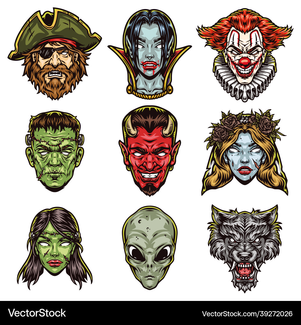 Spooky halloween characters colorful set Vector Image