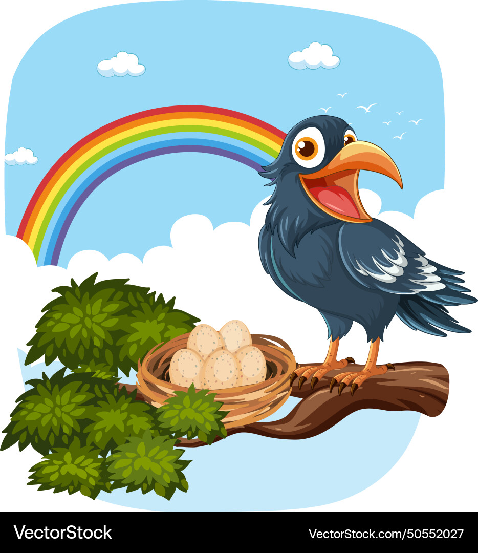 Cartoon bird by nest with eggs under a rainbow Vector Image
