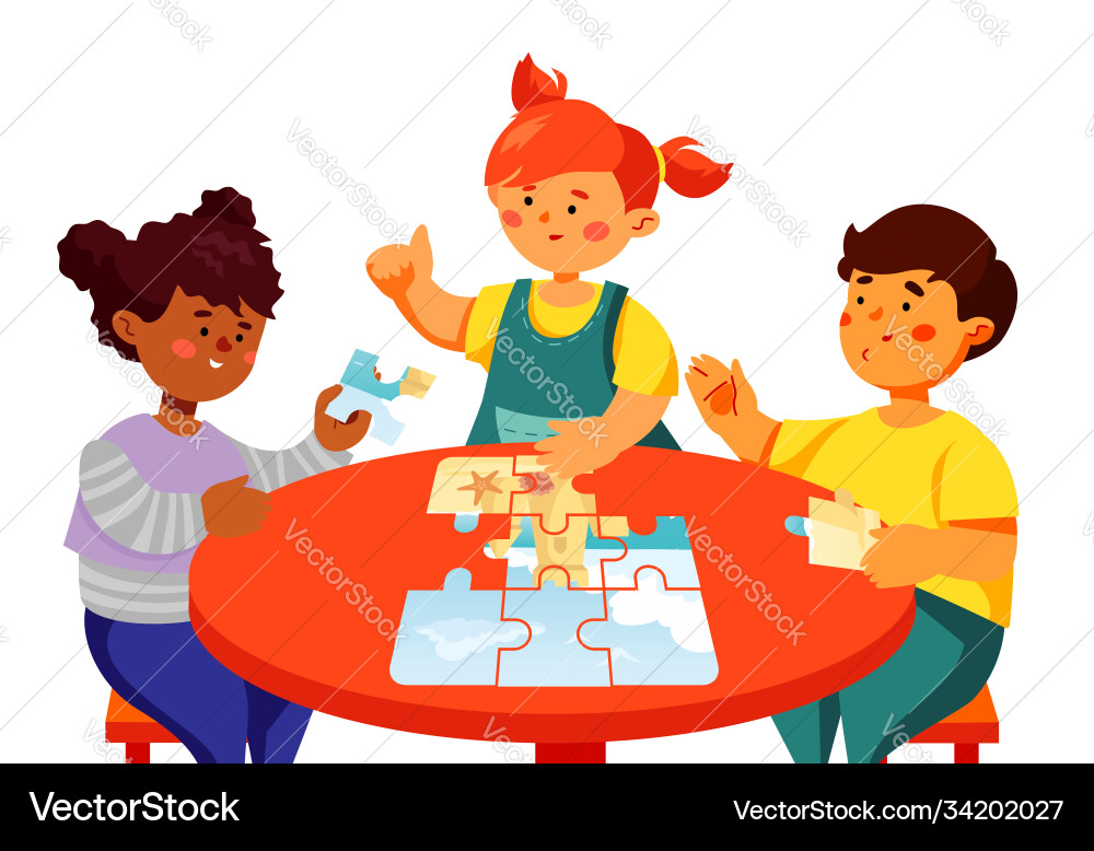 Children doing a puzzle - colorful flat design Vector Image