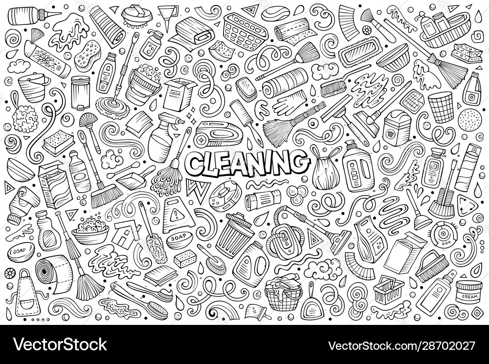 Line art doodle cartoon set cleaning Royalty Free Vector