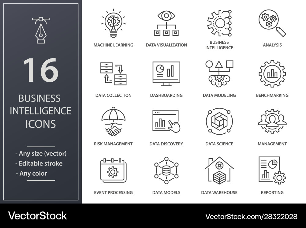 Business intelligence line icons set black Vector Image