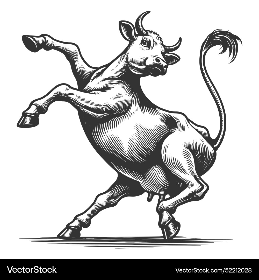 Dancing cow engraving sketch Royalty Free Vector Image
