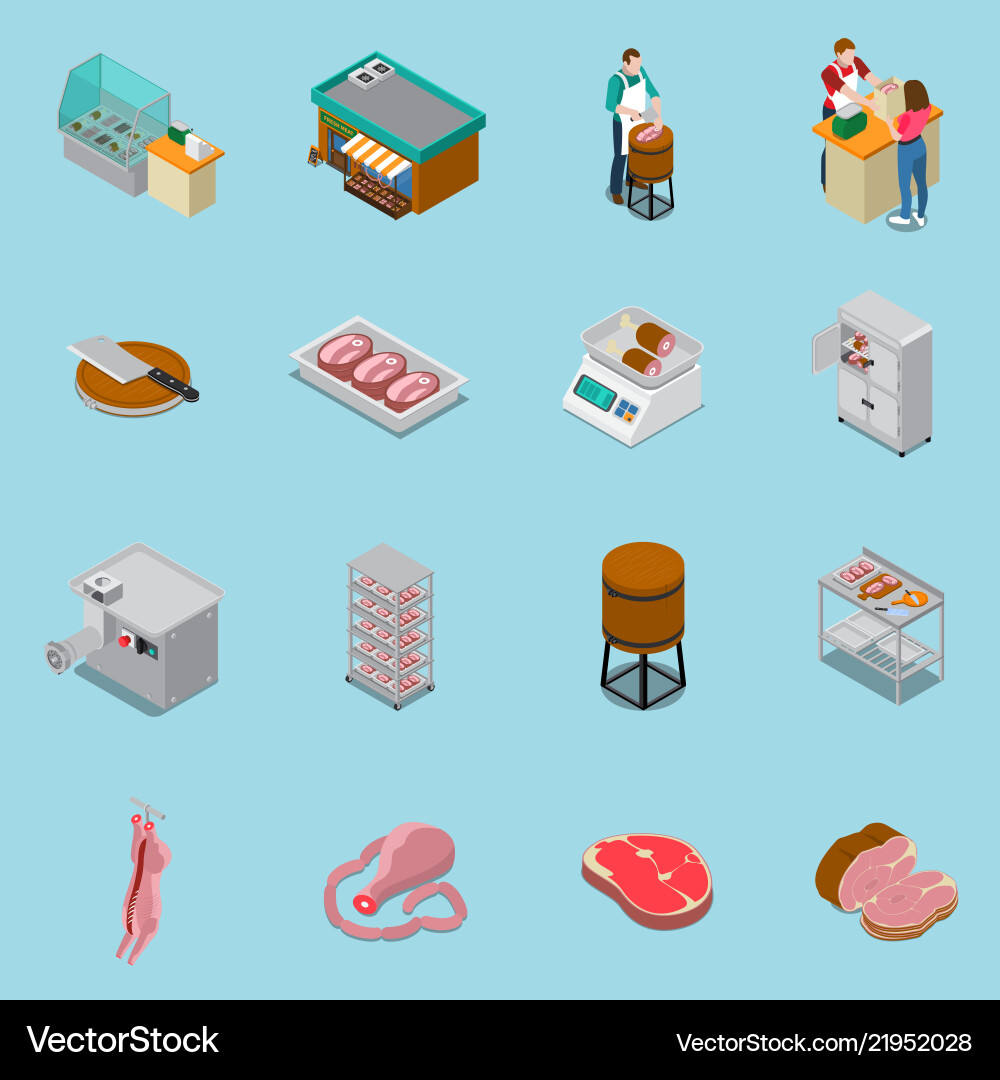 Isometric butchery icons collection Royalty Free Vector