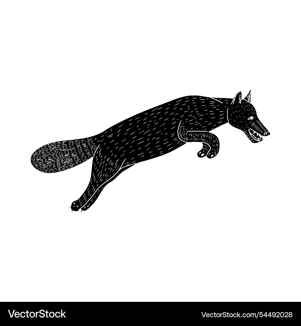Linocut fox jumping animal doodle Royalty Free Vector Image