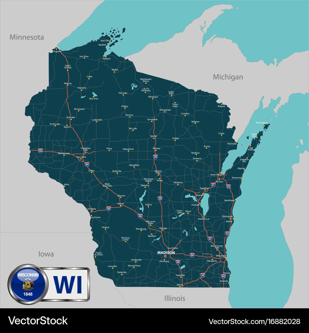 Map of state wisconsin usa Royalty Free Vector Image