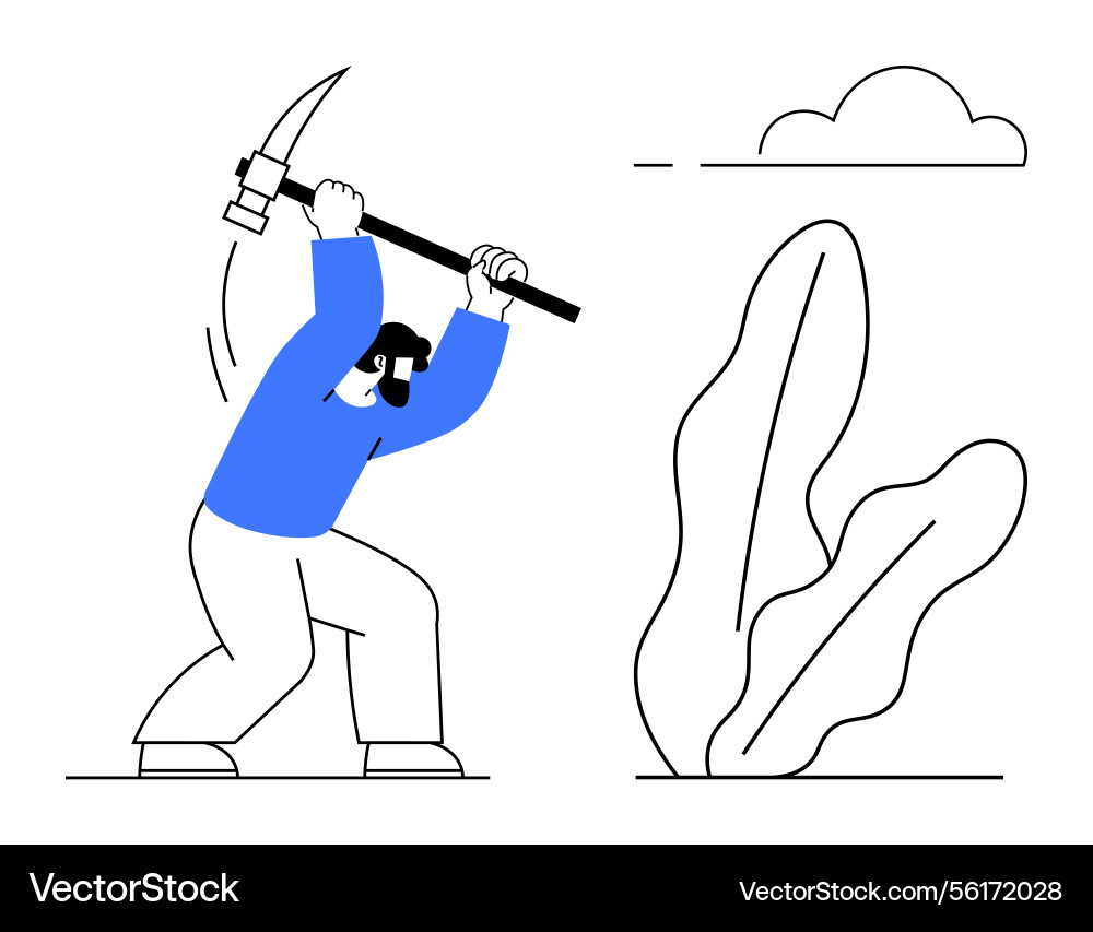 Person mining with pickaxe near large plants under