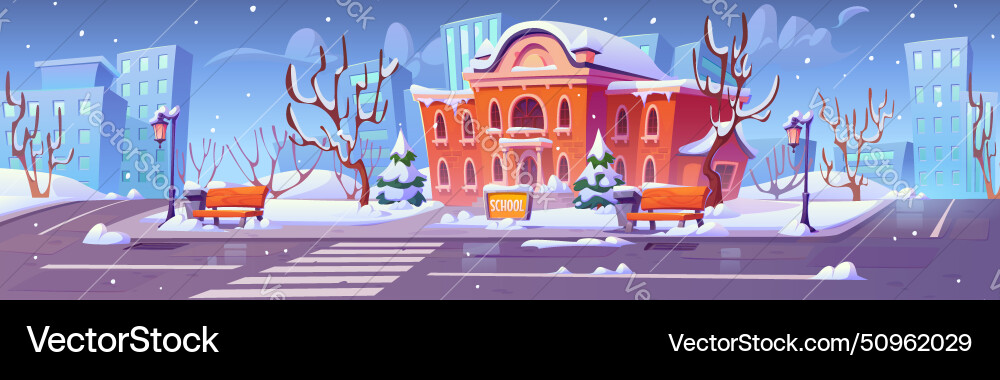 School building and yard with snow in winter Vector Image