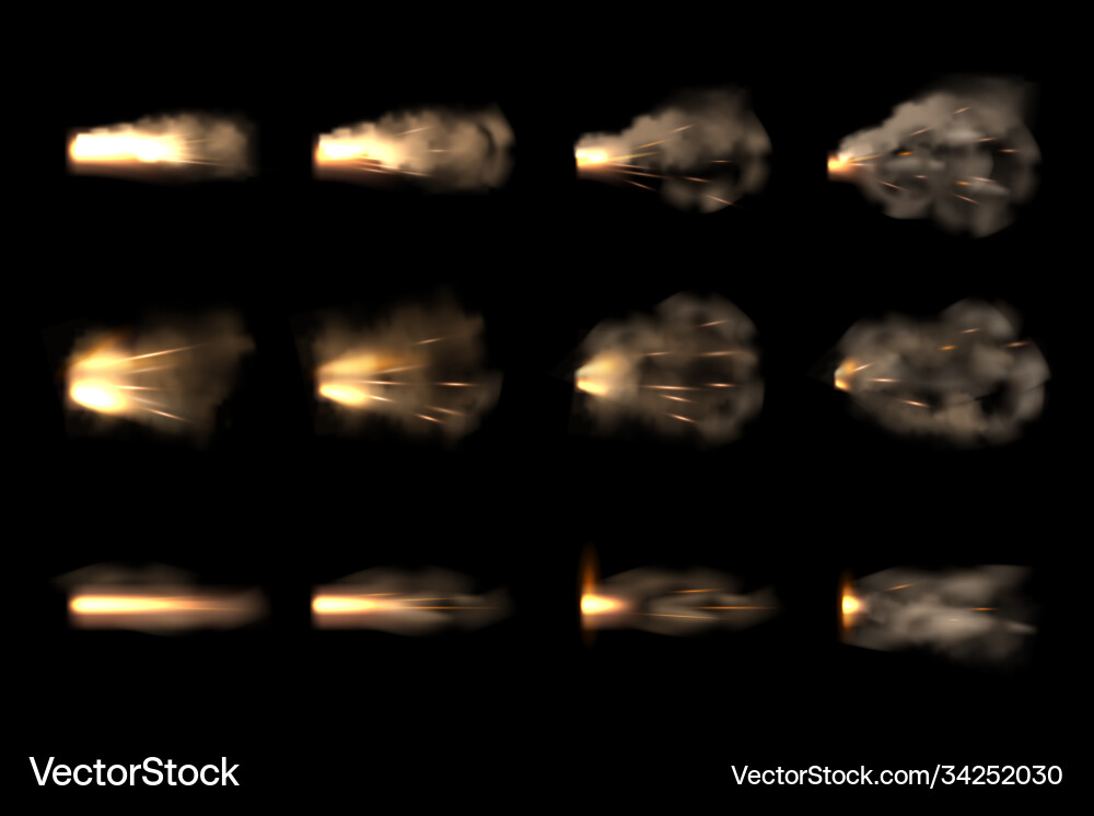 Gun flash realistic pistol flame and smoke burst Vector Image