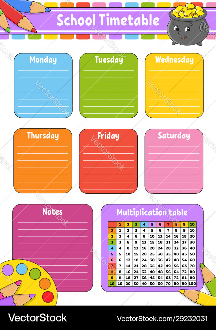 School timetable with multiplication table Vector Image