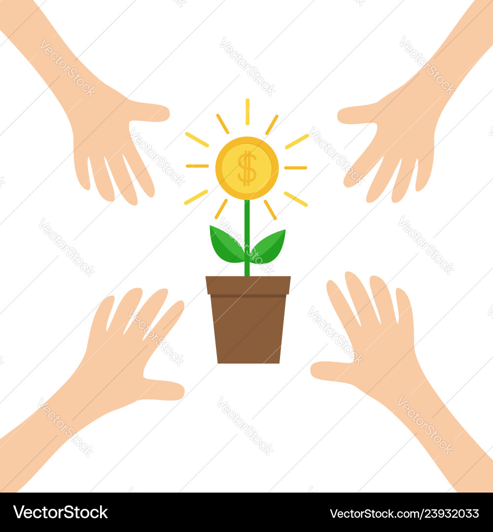Vier Hände Arme erreichen Geld Baum wachsen Vektorbild