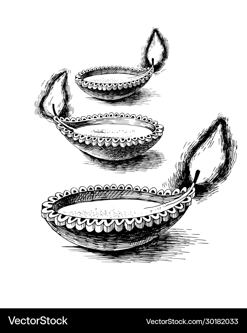 Hand drawn background with lit diya lamps Vector Image