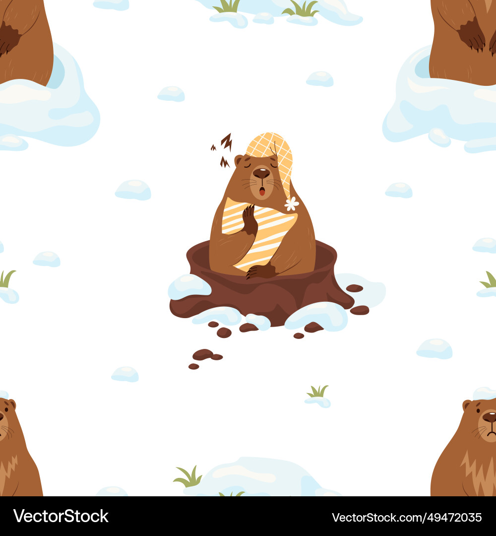 Seamless pattern with groundhog sleeping marmot Vector Image