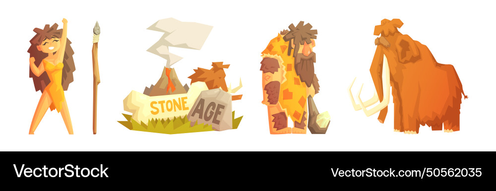 Stone age primitive object and elements set Vector Image