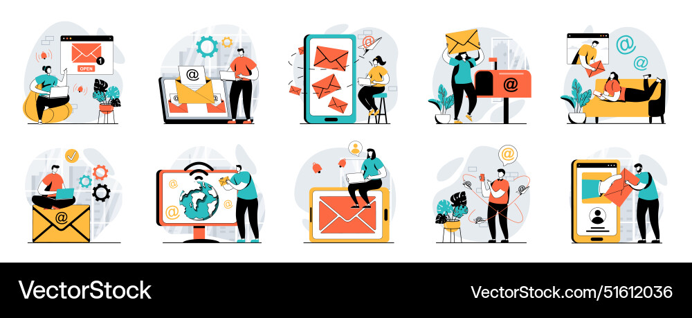 Email service web concept with people scenes mega Vector Image