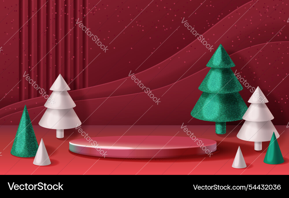Round podium and christmas trees on red Royalty Free Vector