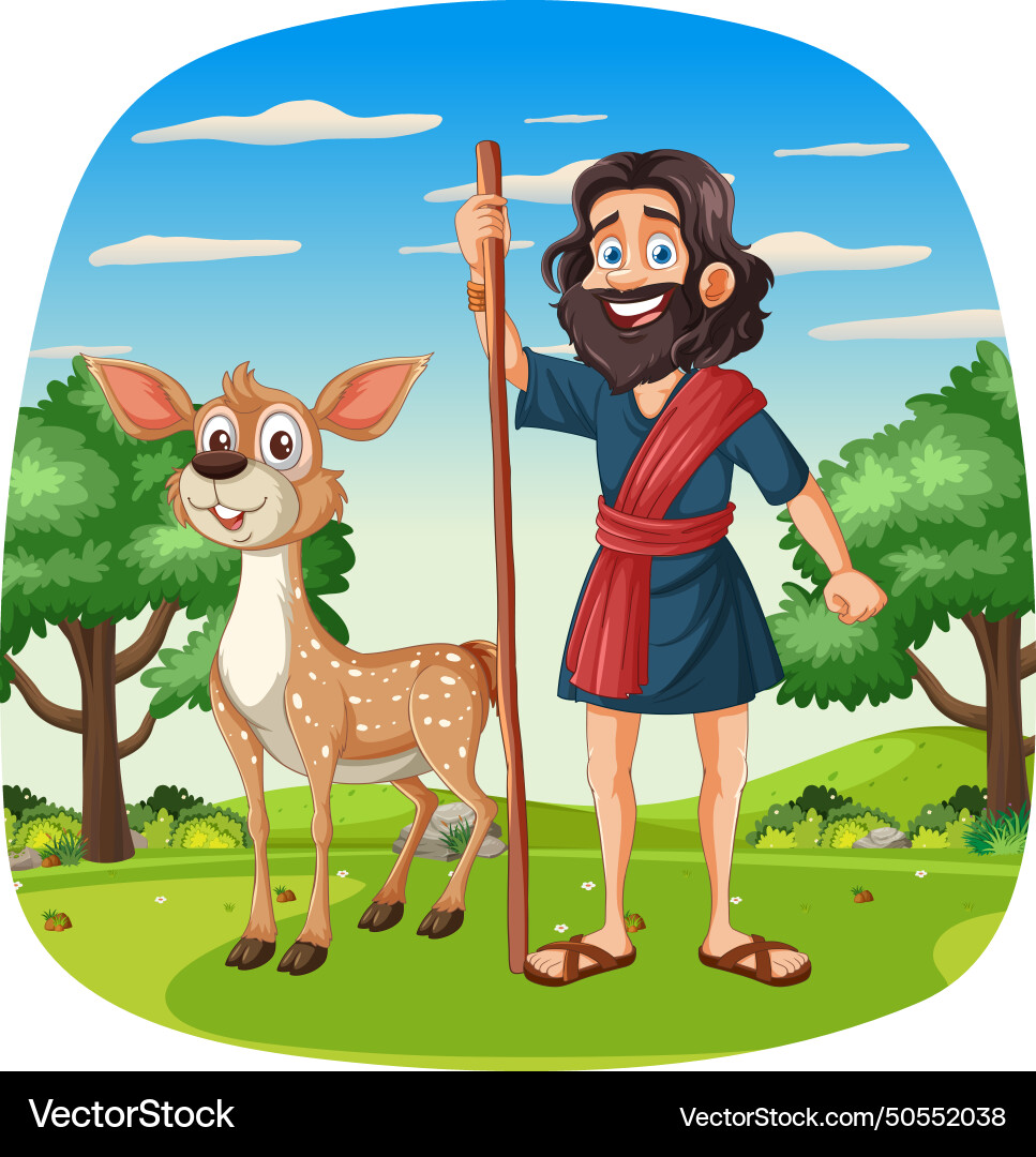 Cartoon shepherd standing with a friendly deer Vector Image