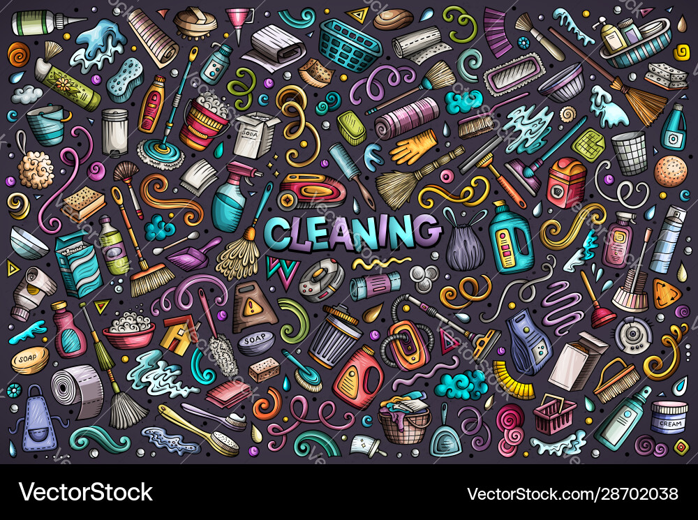 Colorful doodle cartoon set cleaning Royalty Free Vector
