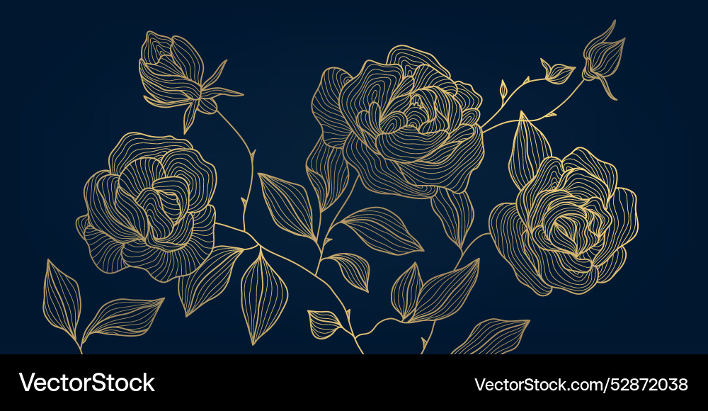 Gold on blue roses line art elegant style Vector Image