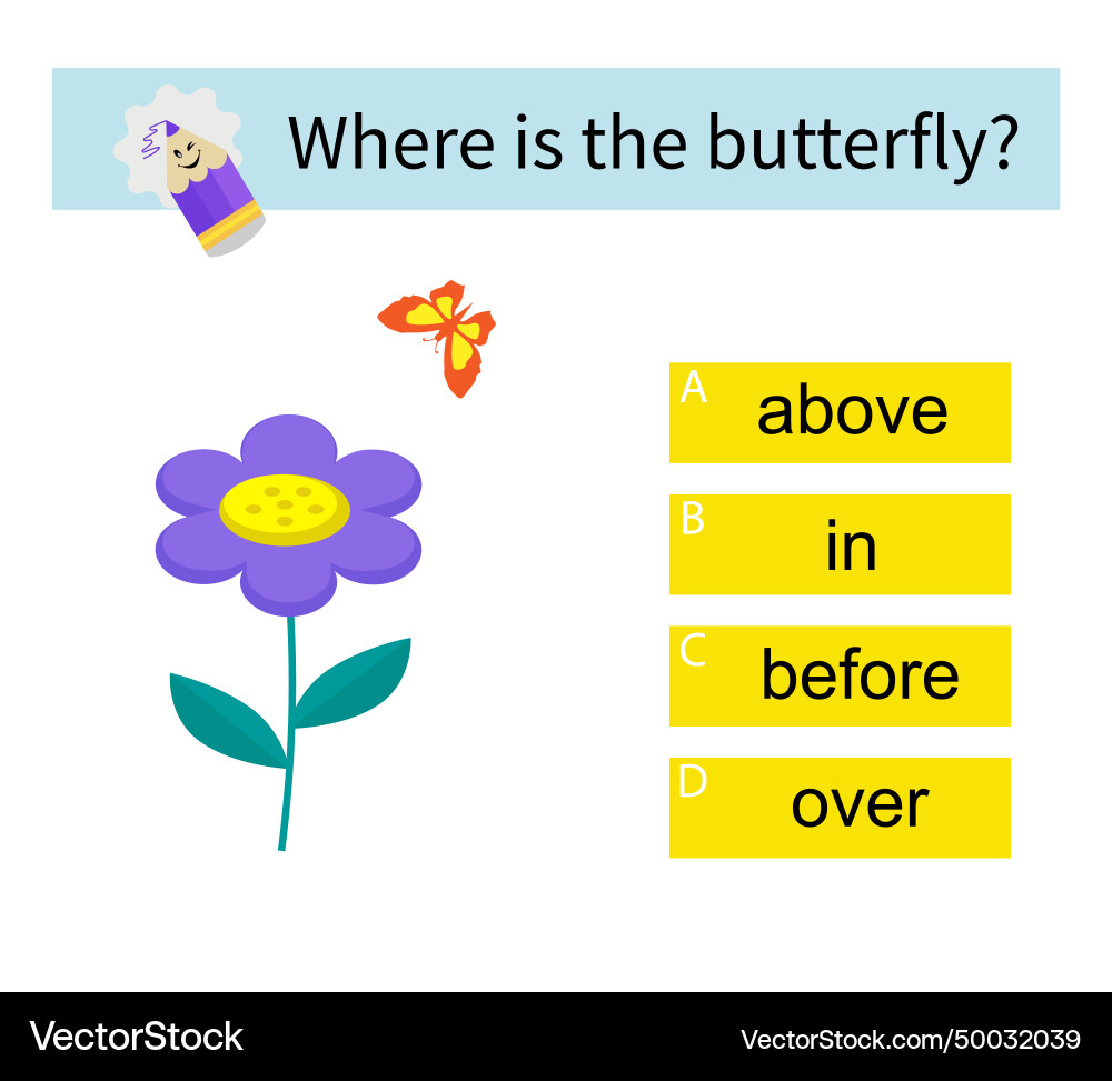 Prepositions for Kids - Butterfly Learning Vector Image