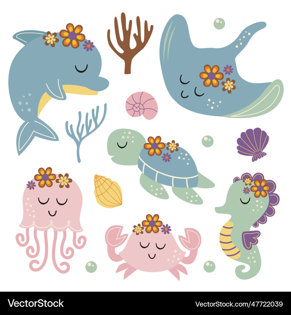 Set of isolated nice sea animals Royalty Free Vector Image